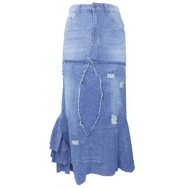Hyperbolic Patchwork Tiered Ruffle Denim Skirt – HuLianFu