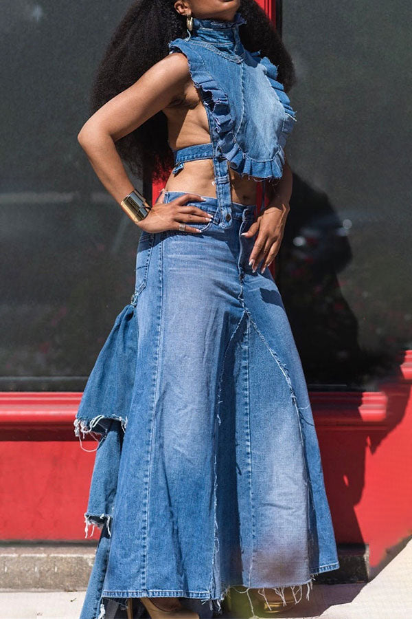 Hyperbolic Patchwork Tiered Ruffle Denim Skirt – HuLianFu