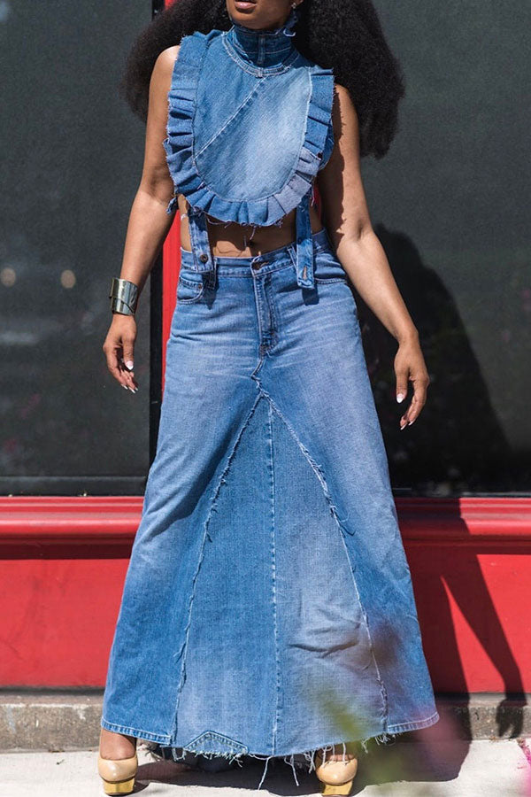 Hyperbolic Patchwork Tiered Ruffle Denim Skirt – HuLianFu